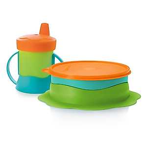 Tupperware Brand Tupperkids Feeding Set - Lime Aid, Tropical Water & Orange Peel Colors - Includes Divided Dish & Sip ‘N Care Sippy Cup