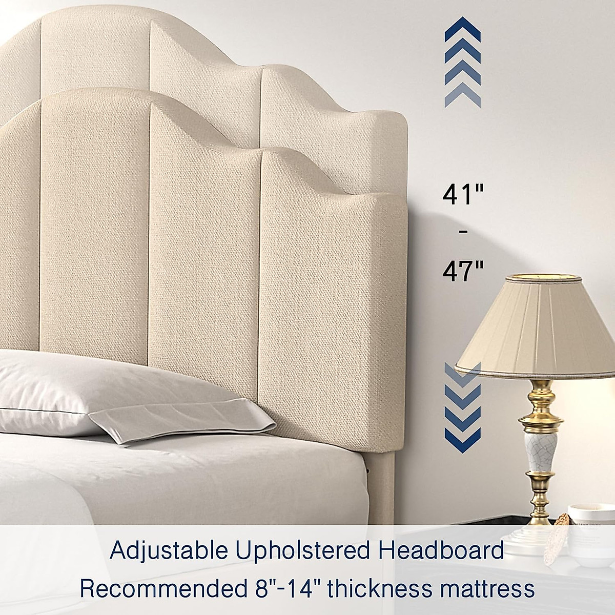 VECELO Twin Size Upholstered Platform Bed Frame with Adjustable Headboard, Wood Slat Support and Noise-Free, No Box Spring Needed, Easy Assembly, Pale Beige