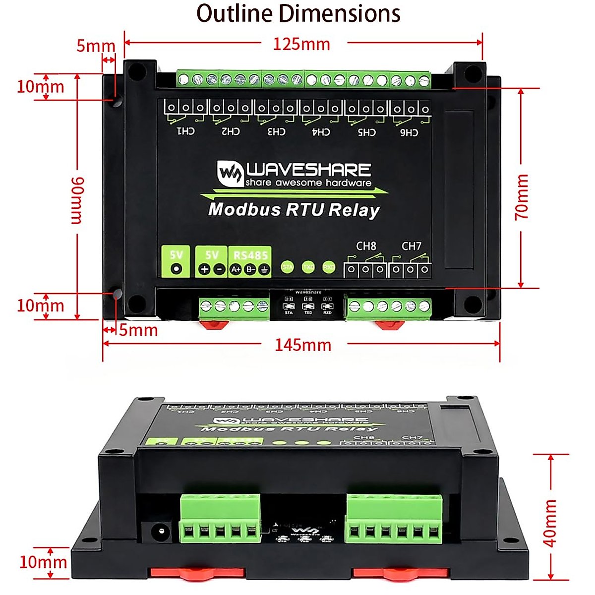 Waveshare Industrial Modbus RTU 8-Ch Relay Module with RS485 Bus, Multi Isolation Protection, 5V Voltage