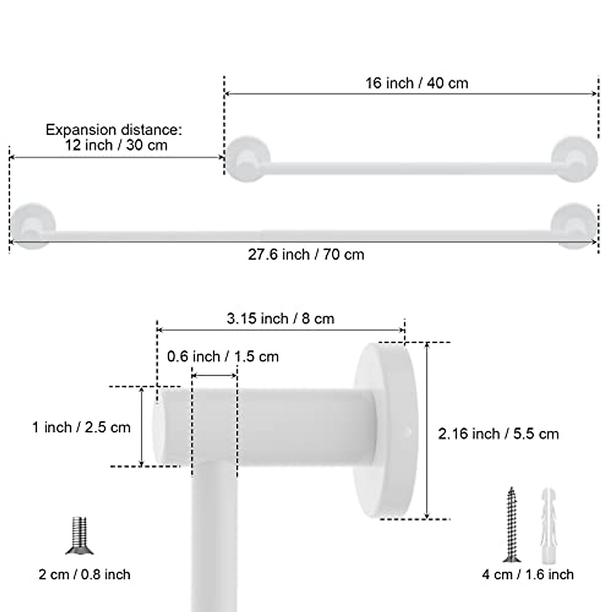 Adjustable Single Bath Towel Bar 16 to 27.6 Inch, ZUEXT Oil Rubbed White Stainless Steel Towel Holder Hanger,Expandable Wall Mount Towel Rail for Bathroom Kitchen,1" Tube Towel Rail Racks w/Hooks