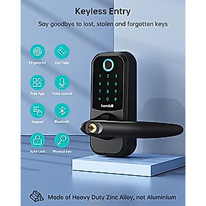 Hornbill Smart Lock Keyless Entry with Handle - Fingerprint Door Locks for Front Door - Keypad Electronic Digital Biometric Bluetooth Passcodes Alexa App Control Touch Screen Key Fobs - Airbnb Home