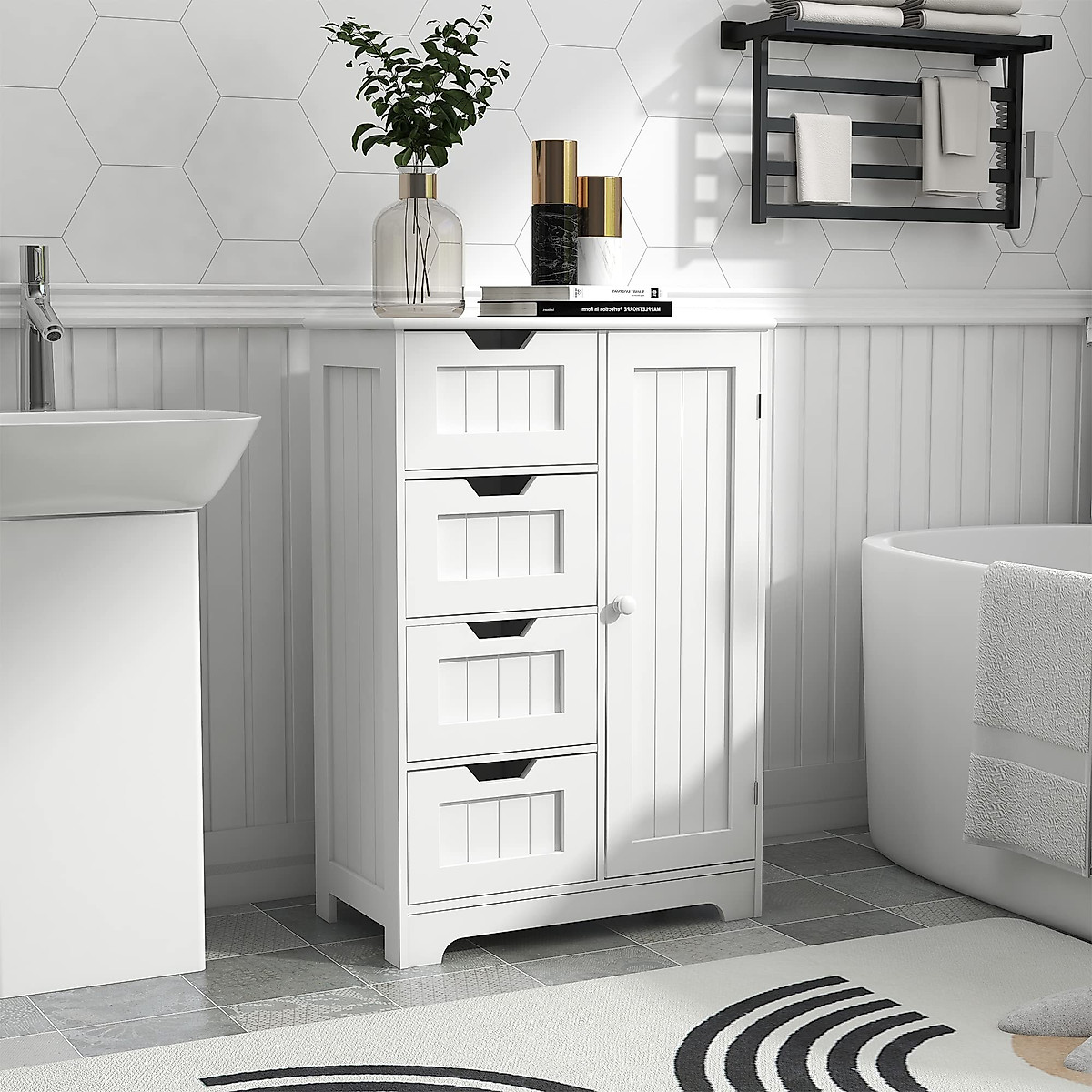 RASOO Bathroom Storage Cabinet White Freestanding Floor Storage Cupboard Adjustable Shelf with 4 Drawers and 1 Door