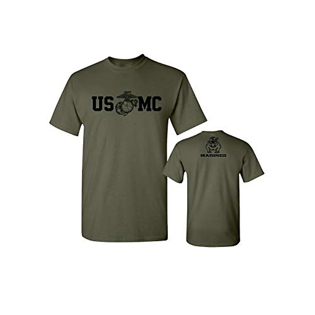 Lucky Ride Marine Corps Bull Dog Front & Back USMC Mens Military T-Shirt,Military Green,2XL