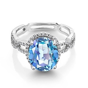 Gem Stone King 925 Sterling Silver Millennium Blue Mystic Quartz and White Created Sapphire Women Ring (4.15 Cttw, Available In Size 5, 6, 7, 8, 9)