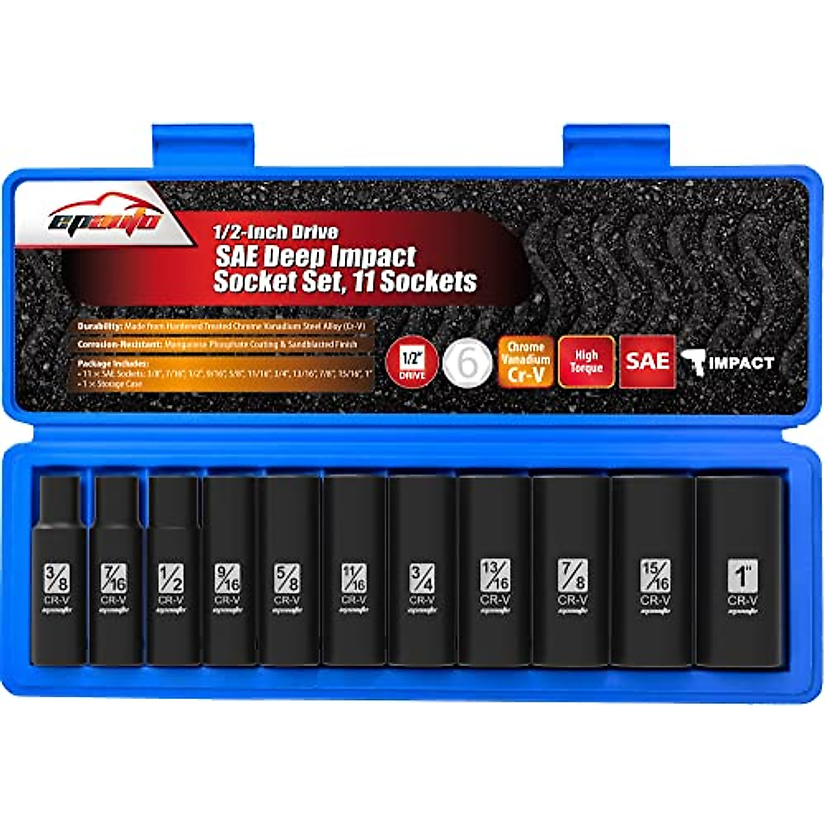 EPAuto 1/2-Inch Drive SAE Deep Impact Socket Set, Cr-V, 6 Points, 11 Sockets