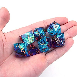 DollaTek Resin Transparent RPG Dice Set, 7pcs DND Dice Set D4 D6 D8 D10 D12 D20, Red and Blue with Gold Foil, for Dungeons and Dragons and Board Games