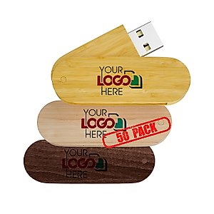 Possibox Custom Swivel Wooden USB 2.0 Flash Drive 128MB Imprinted or Engraved with Your Logo - Bulk Wholesale Promotional - 50 Pack