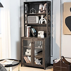 LOKO Kitchen Pantry Storage Cabinet, Farmhouse Buffet Hutch with Stemware Rack, Microwave Countertop & Tempered Glass Doors, 67.5" Freestanding Kitchen Hutch with Adjustable Shelf