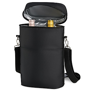 Wine Chiller Cooler Bag - Insulated Tote for 2 Bottles, Perfect Wine Accessories and Gifts, Black with Silver Buckles