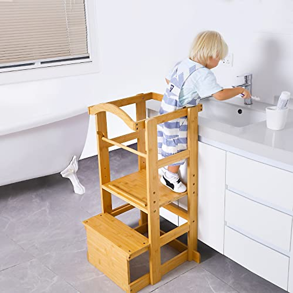IPOW Learning Stool Toddler Tower, 3 Adjustable Height Kids Step Stool for 18-48 Months, Solid Toddler Kitchen Step Stool Helper with Safety Rail for Kitchen Counter Bathroom Sink