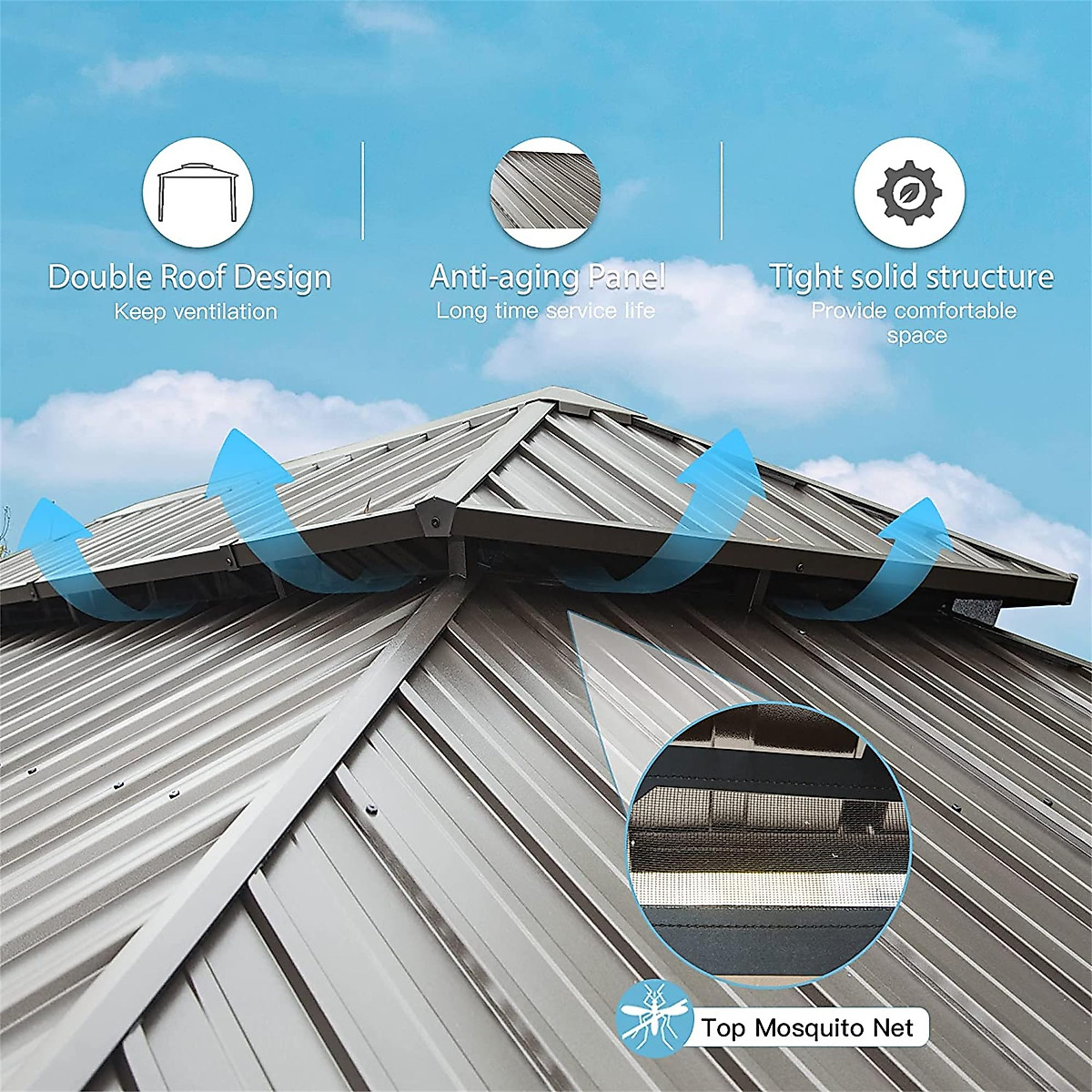 12'x20' Hardtop Gazebo, Outdoor Cedar Wood Frame Canopy with Galvanized Steel Double Roof, Outdoor Permanent Metal Pavilion with Curtains and Netting for Patio, Backyard and Lawn(Brown)