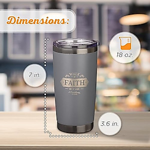 Christian Art Gifts Stainless Steel Double Wall Vacuum Insulated Travel Mug 18 oz Gray Bible Verse Tumbler with Retractable Lid for Men & Women - Walk by Faith - 2 Corinthian 5:7
