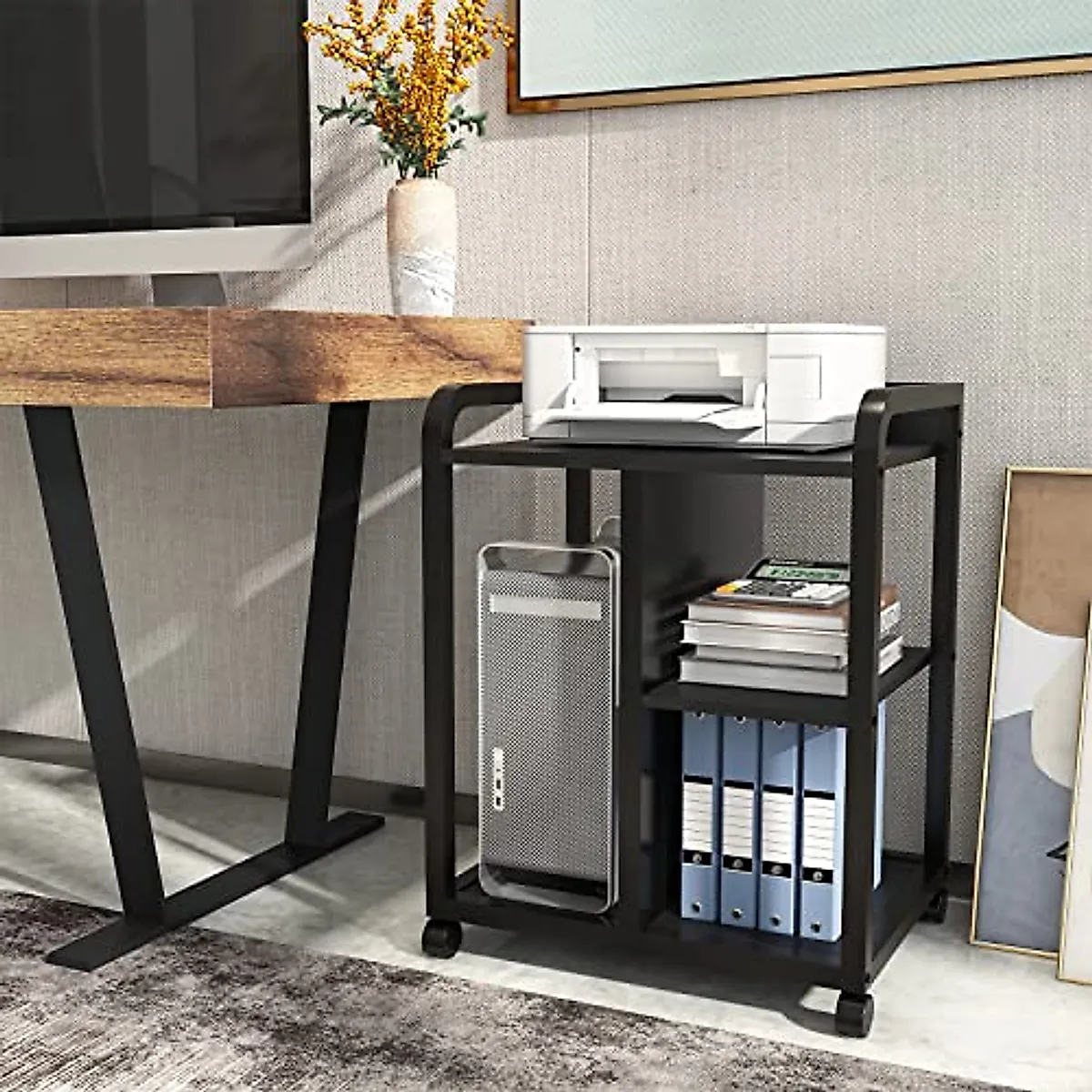 Bertha Burney Printer Stand, 3-Tier Printer Cart with Storage, Mobile Rolling Printer Table with Wheels, Printer Cart with Machine Computer Tower Stand for Home Office