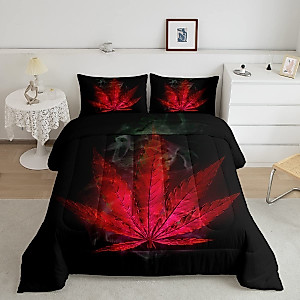 Marijuana Comforter Set Red Cannabis Leaf Printed Down Comforter, for Adult Women Teens Marijuana Weed Leaf Quilted Duvet Exotic Leaves Rustic Soft Duvet Insert Boho Trippy Hippie Theme Quilt, Queen