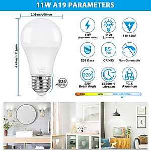 ASOMST A19 LED Light Bulbs, 100 Watt Equivalent, 5000K Daylight White 1100Lumen Bulbs 11W, Non-Dimmable Frosted Lighting E26 Base, CRI 85+, 25000+ Hours Lifespan, No Flicker, Pack of 4