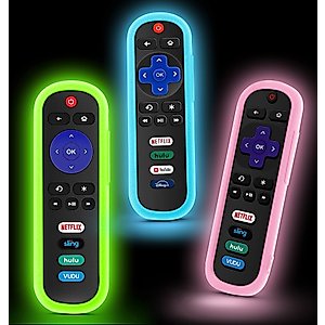 [3Pack] Roku Remote Cover Silicone Protective Sleeve Skin, Battery Cover for TCL Roku Smart TV Steaming Stick Remote, Controller Case Glow in The Dark (Green Blue Pink)