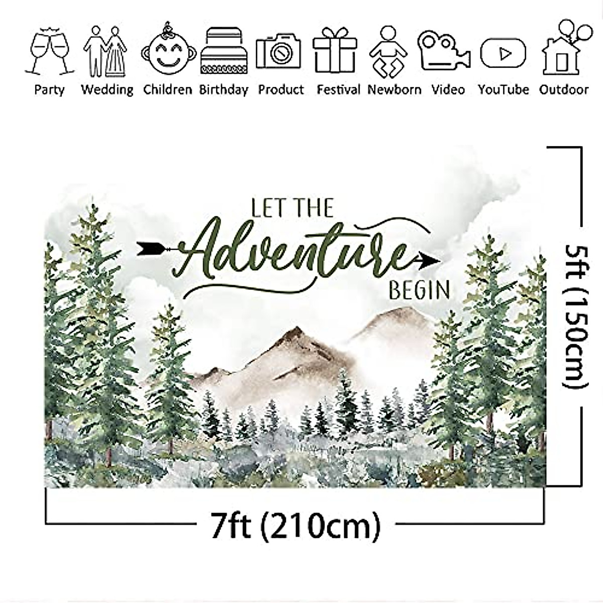 Mocsicka Adventure Awaits Baby Shower Backdrop Pine Tree Mountain Wilderness Adventure Woodland Animals Background Vinyl Let The Adventure Begin Party Photography Backdrop for Photoshoot (7x5ft)
