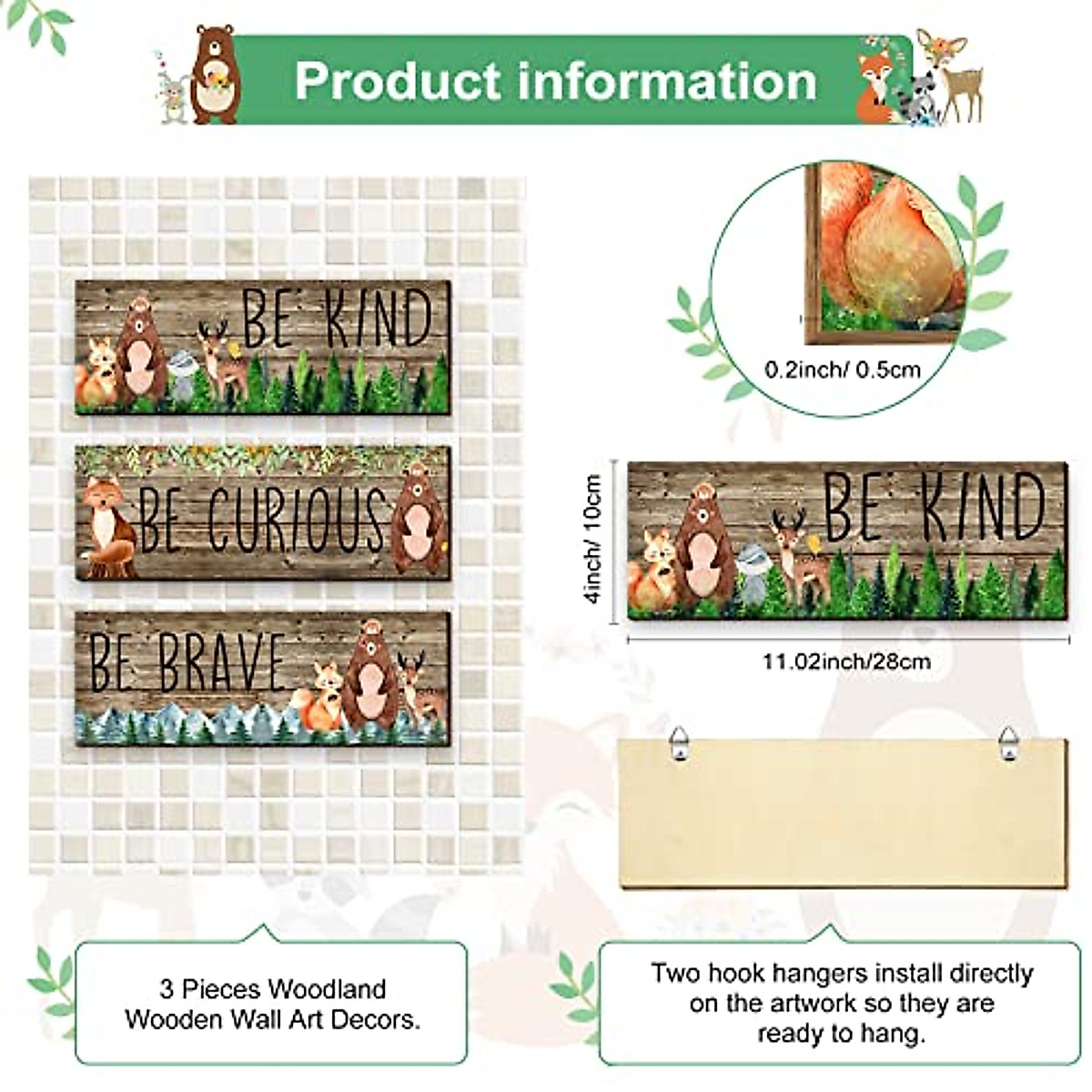 3 Pcs Woodland Nursery Decor Safari Nursery Woodland Animals Themed Painting Wooden Be Kind Brave Curious Sign Framed Wall Art Forest Nursery Decor Inspirational Pictures for Baby Bedroom, 11 x 4 Inch