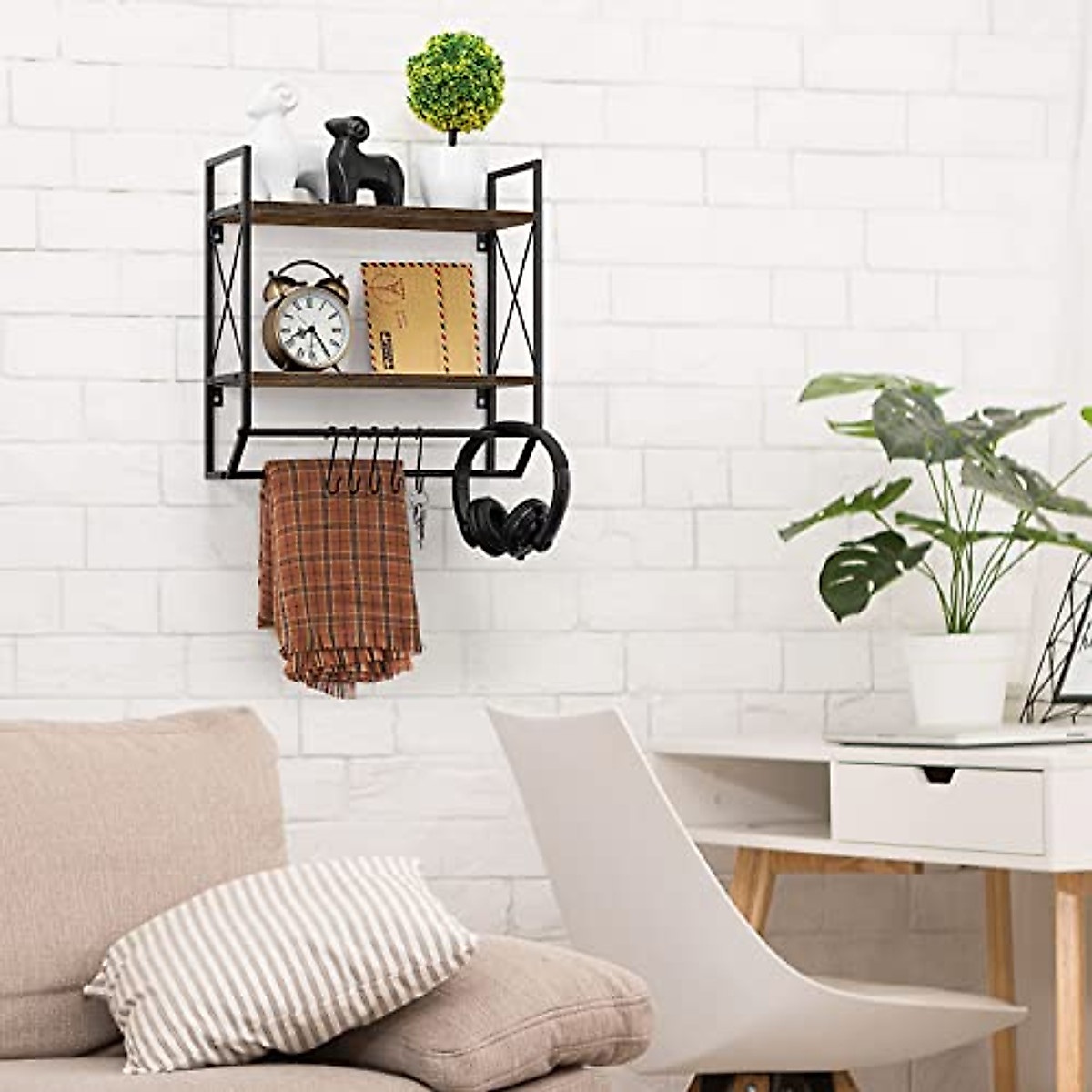 Bathroom Wall Shelf Wall Mounted Industrial 2 Tier Wood Bathroom Towel Rack with Towel Bar, 5 Metal Hooks Rustic Wall Hanging Toilet Storage Shelf for Kitchen, Bathroom, Brown