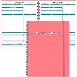 Meeting Notebook for Work with Action Items - A4 Spiral Project Planner Notebook for Note Taking, Office/ Business Meeting Notes Agenda Organizer for Men & Women, 80Sheets / 160 Pages, 8.5" x 11", Pink
