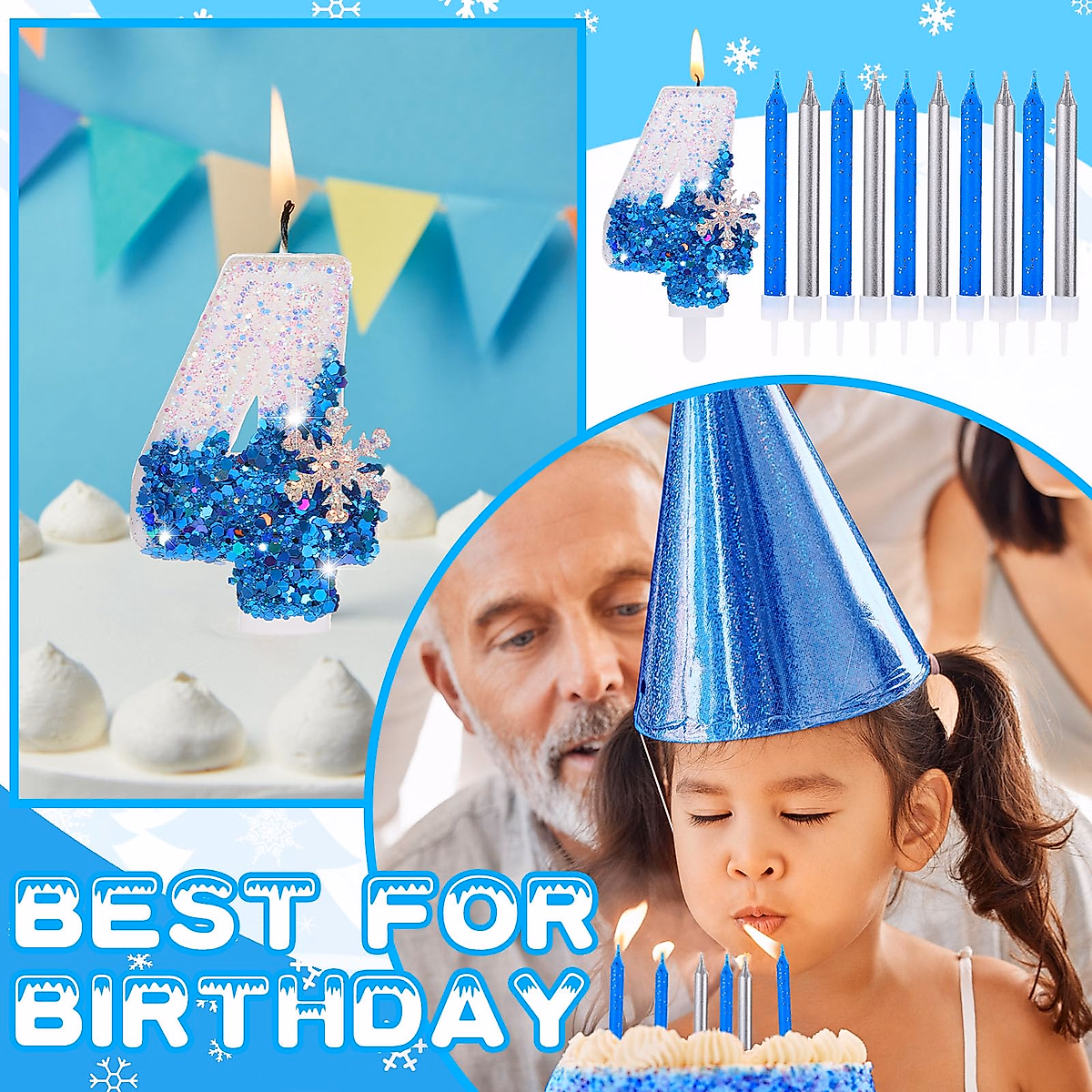 Herdear 2.8" Frozen Birthday Candles Snowflake Number Candles with 10 Pcs Long Thin Candles Blue Number 0-9 for Cake Topper Birthday Frozen Birthday Supplies(Number 4)