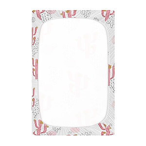 KICPOAY Fitted Crib Sheets Pink Cactus Stretchy Portable Playard Sheets for Baby Toddler, Breathable Soft Mini Crib Mattress 52 x 28 in for Boys and Girls