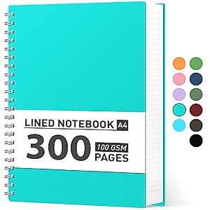 AHGXG Spiral Notebook College Ruled - Large Spiral Journal A4 Notebook 8.5" x 11", 300 Pages Writing Journal for Work, 100GSM Thick Paper, Plastic Hardcover, for Women Men Office School, Lake Blue