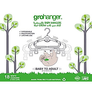Grohanger Space Saving extendable Baby Hangers with Clips (10-16.4"). Only Expandable Kids Hangers with Full Adult Size Trouser bar and Clips. 18 Stylish Childrens Hangers. 6 Have Clips.