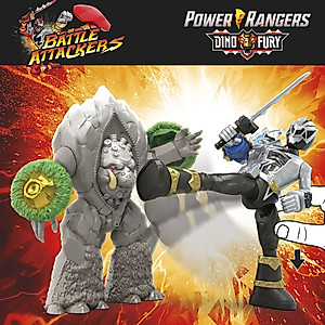 Power Rangers Dino Fury Battle Attackers 2-Pack Black Ranger vs. Smashstone Kicking Action Figure Toys, TV Inspired Accessory Ages 4 and Up