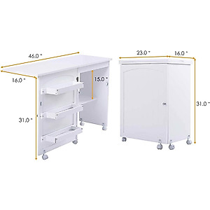 COSTWAY Folding Sewing Table, Multipurpose Craft Station Desk, Display Cabinet with Shelves Storage, Lockable Wheels, Rolling Sewing Machine Desk for Home Apartment, White