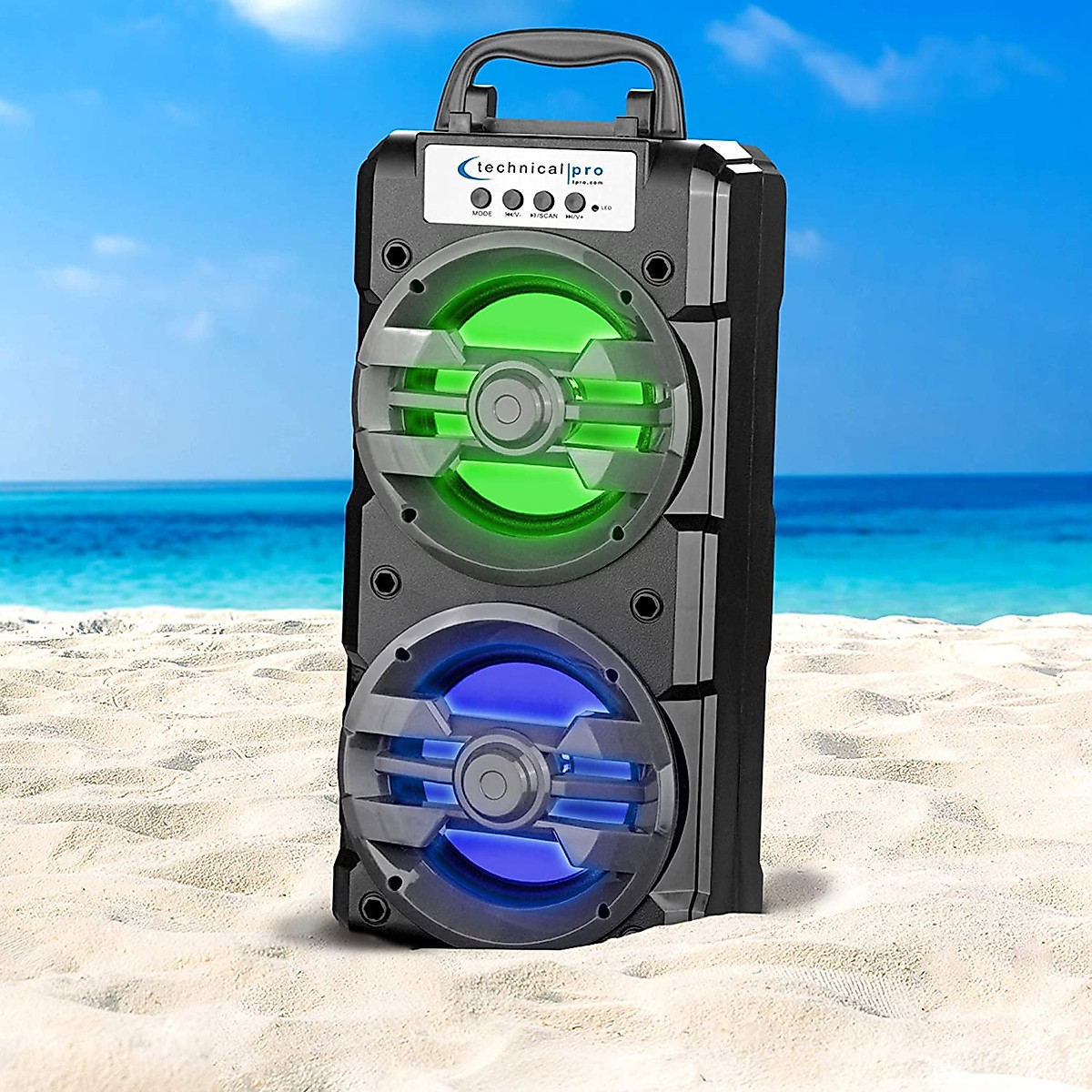 Technical Pro (QTY 3) Rechargeable LED Bluetooth Speaker with USB, SD card, FM Radio, Perfect Travel Comfortable Portable Speaker with Carry handle, 2 Dual 4" (10.2cm) Subwoofers
