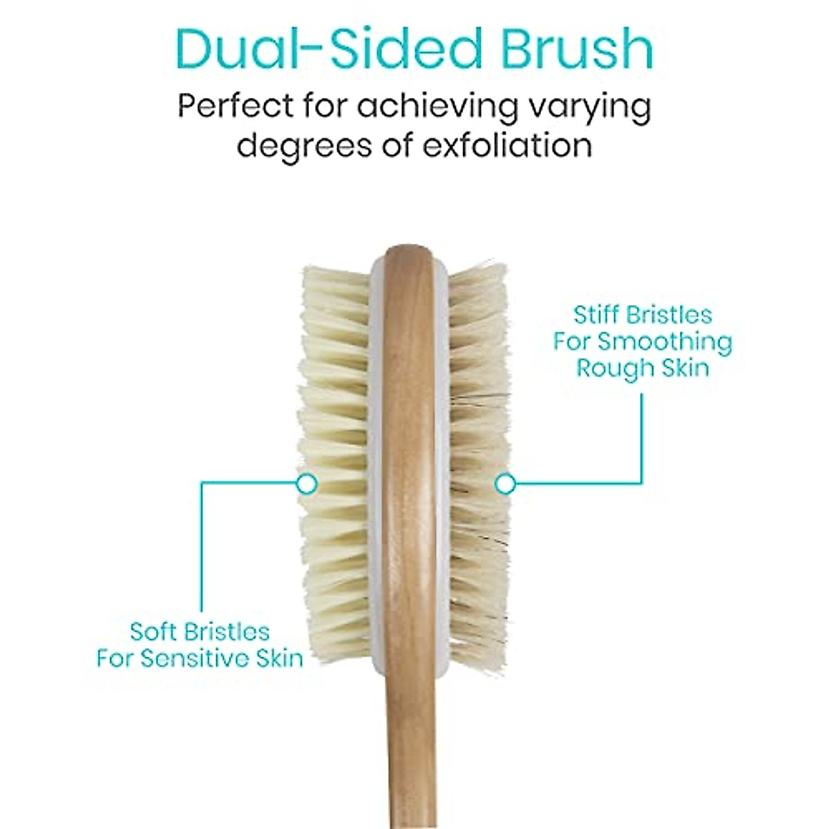 Vive Back Scrubber Brush for Shower - for Dry or Wet Body Brushing - Long Handle - Cleaning Lymphatic Drainage Handled Washer for Men, Women - Showering Bathing Exfoliator with Soft & Stiff Bristles
