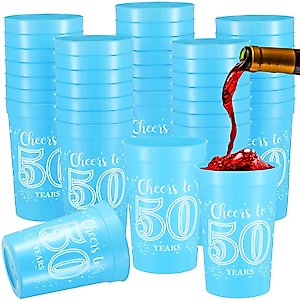 Roshtia 40 Pcs Summer 50th Birthday Cups Cheers to 50 Years Plastic Stadium Cups 16 oz Blue White Party Cups for Birthday Decorations Party Favors Supplies Wedding Anniversary