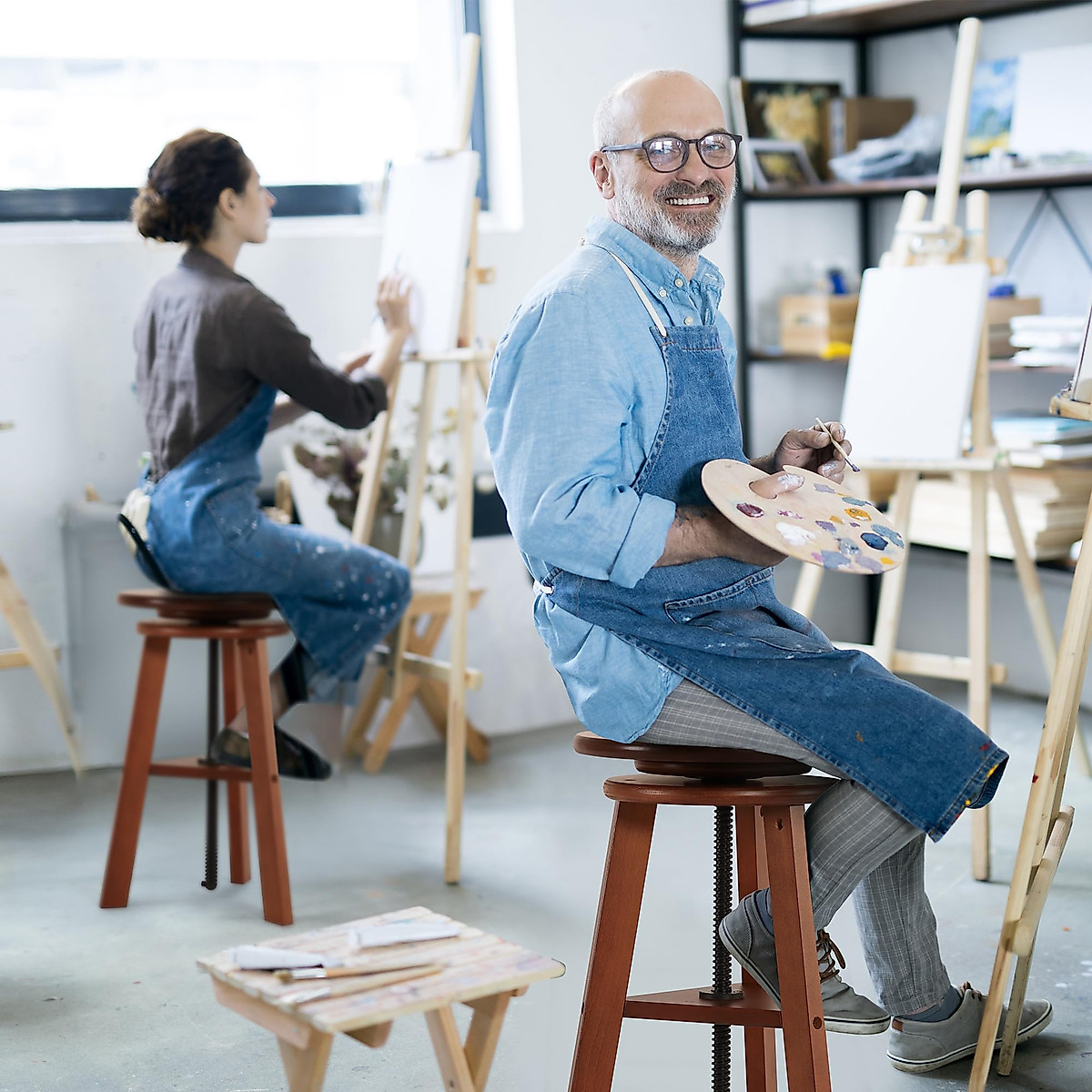 VISWIN 19"-26" H Wooden Adjustable Height Stool, Beech Wood Artist Stool for Drafting Table, Painting Stool for Artists, Adults, Wood Chair for Bar, Kitchen, Home Use, Office, Studio