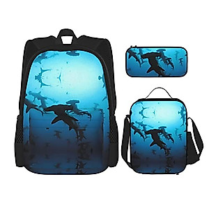 MQGMZ Hammerhead Sharks Print Backpack 3 Pcs Set Travel Hiking Lightweight Water Laptop Pencil Case Insulated Lunch Bag