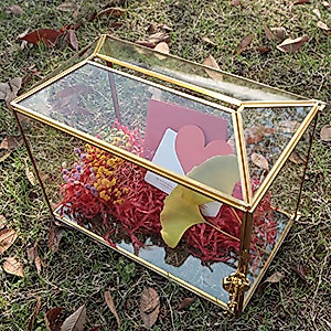 QLQSIMON 10.2'' Handmade Gold Geometric Terrarium - Glass Wedding Card Box with Slot and Lock- Large Clear Display Box for Wedding Reception, Wishwell, Keepsake