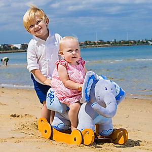 labebe - Baby Rocking Horse, Plush Rocking Animal, Toddler/Baby Wooden Rocker Toy for Nursery, Ride on Toy for Girl&Boy 1-3 Years, 2 in 1 Rocking Elephant Blue with Wheel, Kid Riding Horse Toys
