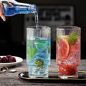 wookgreat Drinking Glasses, 16oz Origami Style Glass Cups with straw, 12 pcs Highball Glasses, Elegant Ripple Vintage Glassware, Ribbed Glasses, Iced Coffee Glasses Ideal for Cocktail Whiskey, Juice