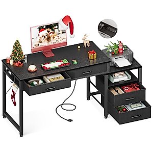 AODK 53-Inch Desk with Drawers and USB Power Outlets, Reversible Computer Desk with Storage Shelf, Office Desk with Printer Stand, Modern Simple Study Writing Work Table for Bedroom, Black