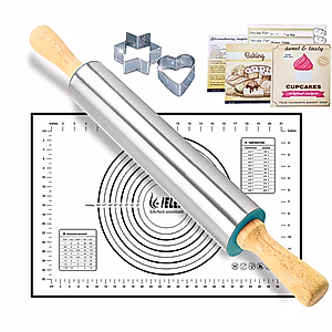 Rolling Pin Nonstick and Silicone Baking Pastry Mat Combo Kit Dough Rollers for Baking Pasta,Cookie Dough,Pastry,Bakery,Pizza