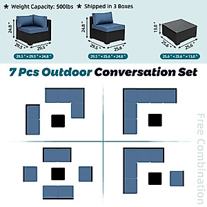 SUNLEI 7pcs Patio Conversation Sets Outdoor Furniture Sets, High Back All-Weather Rattan Sectional Sofa with Tea Table&Washable Couch Cushions(Black Rattan)(Aegean Blue)