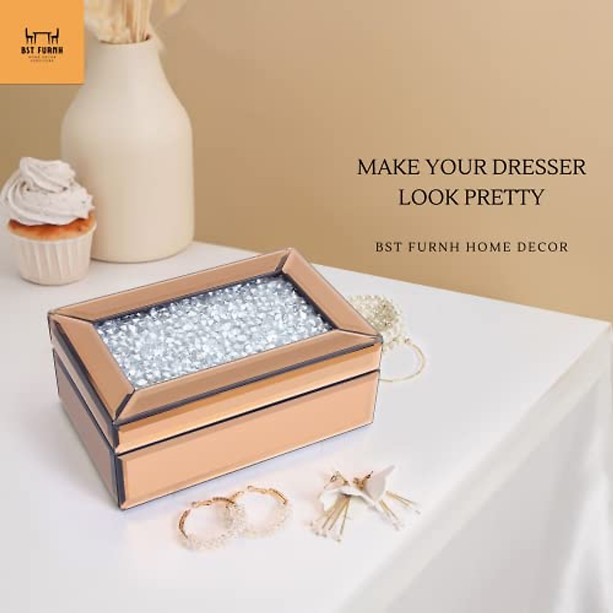 BST FURNH Luxurious Crushed Diamond Large Gold Mirrored Jewelry Box Silver Glass Jewelry Organizer Storage High-end Luxury Big Mirror Box Jewelry Decorative Box