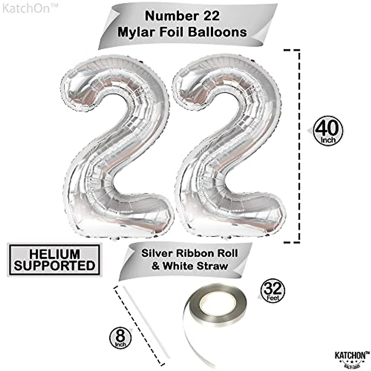 Katchon, Silver 22 Balloon Number - Huge, 40 Inch | 22 Birthday Balloons for 22 Birthday Decorations For Women | Silver 22 Balloons, 22nd Birthday Decorations | Silver 22 Birthday Decorations For Men