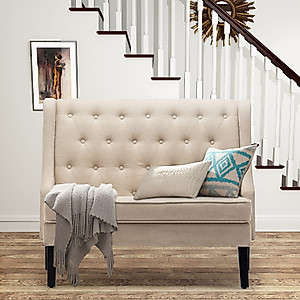 46" Small Modern Loveseat Settee Sofa Linen Fabric 2-Seat Sofa Couch Tufted Love Seat Dining Bench with Back Upholstered Banquette Sofas for Living Room Bedroom Small Space Entryway Beige