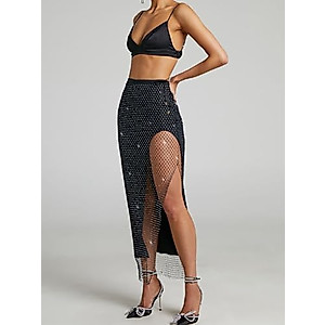 Lorealri Crystal Mesh Skirt Black Rhinestone Fishnet Cover Up Skirt Split See Through Dress Swimsuit Night Club Coachella Outfits Belly Accessories Jewelry for Women and Girls