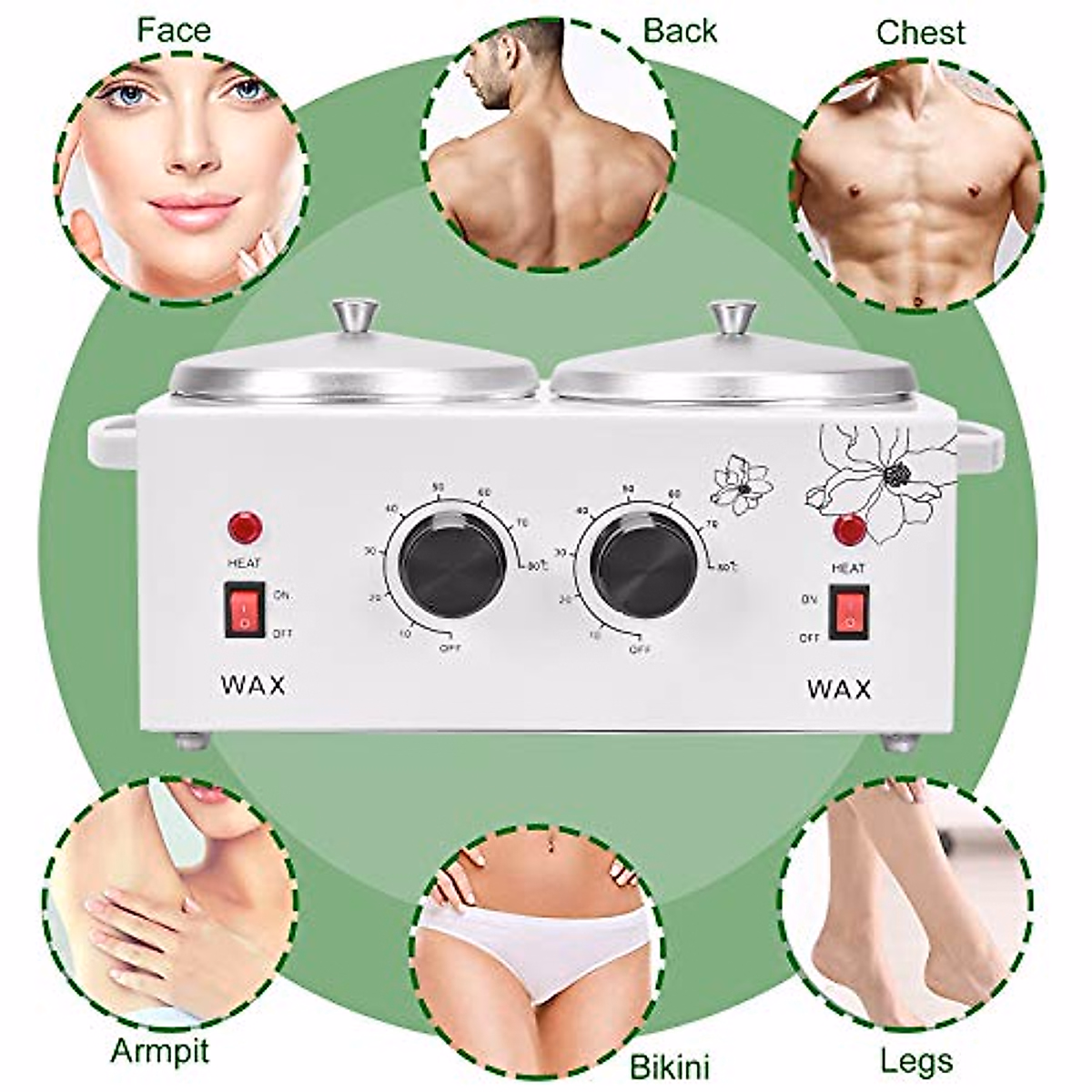 Double Wax Warmer, Professional Electric Wax Heater Hair Removal Dual Parrafin Adjustable Temperature Machine Facial Skin Equipment SPA Hair Removal Tool (White)