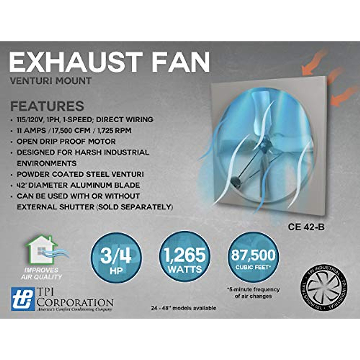 TPI - CE-48B Corporation CE-48-B Commercial Exhaust Fan, Single Phase, 48" Diameter, 120 Volt