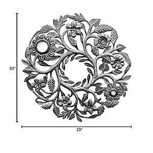 Front Door Metal Wreath with Flowers and Branches, Garden Wall Hanging Lid Sculpture, Handmade in Haiti 23 in. x 23 in.