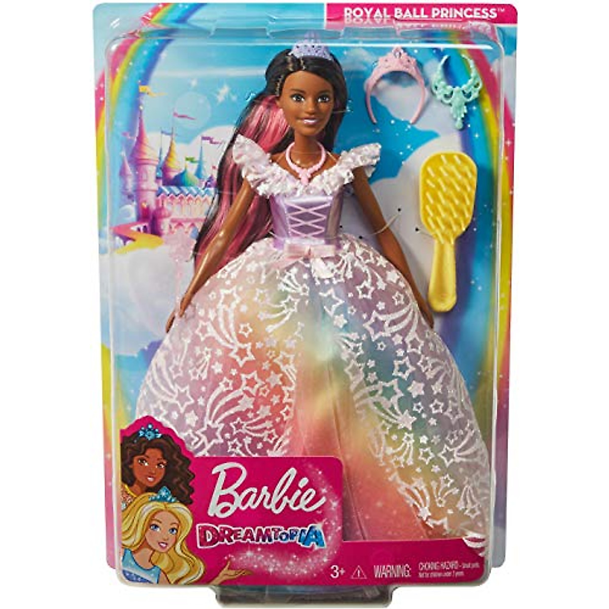 Barbie Dreamtopia Royal Ball Princess Doll, Brunette Wearing Glittery Rainbow Ball Gown, with Brush and 5 Accessories, Gift for 3 to 7 Year Olds