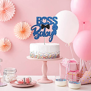 Boss Baby Cake Topper for Boy Birthday, Gender Reveal Welcome Baby Boy Cake Decoration, Baby Shower Birthday Party Supplies Boss Boy - Blue Black Glitter